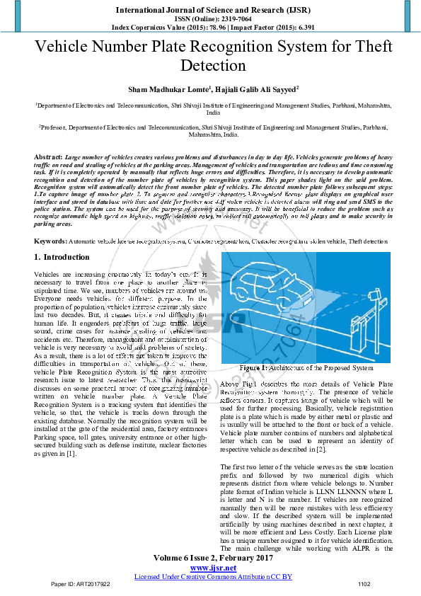 (PDF) Vehicle Number Plate Recognition System for Theft Detection