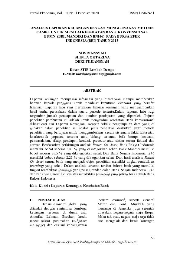(PDF) ANALISIS LAPORAN KEUANGAN DENGAN MENGGUNAKAN METODE CAMEL UNTUK MENILAI KESEHATAN BANK ...