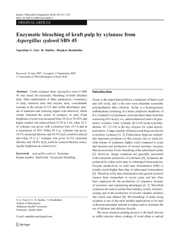 (PDF) Enzymatic bleaching of kraft pulp by xylanase from Aspergillus ...