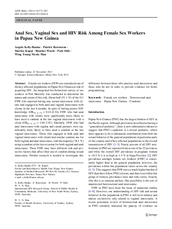 Pdf Anal Sex Vaginal Sex And Hiv Risk Among Female Sex Workers In