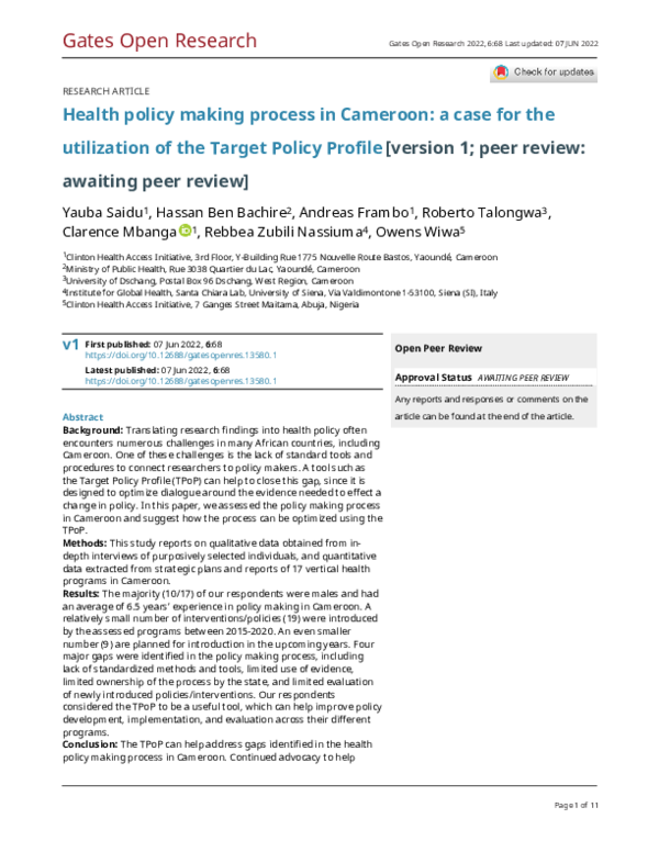 (PDF) Health policy making process in Cameroon: a case for the ...
