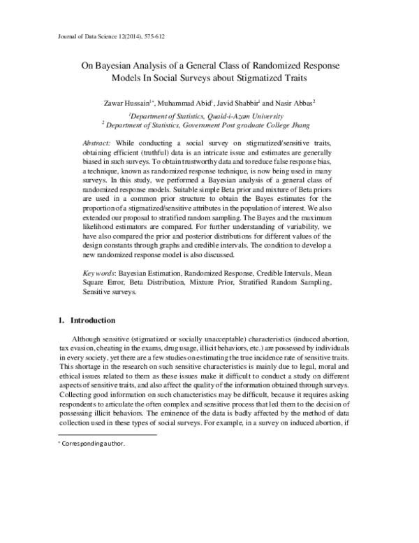 (PDF) On Bayesian Analysis of a General Class of Randomized Response Models In Social Surveys ...