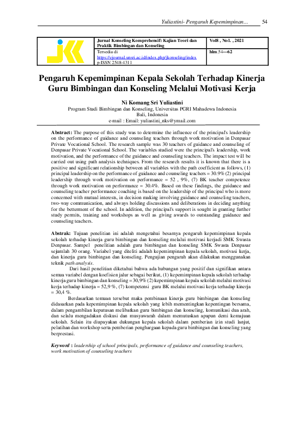(PDF) Pengaruh Kepemimpinan Kepala Sekolah Terhadap Kinerja Guru Bimbingan Dan Konseling Melalui ...