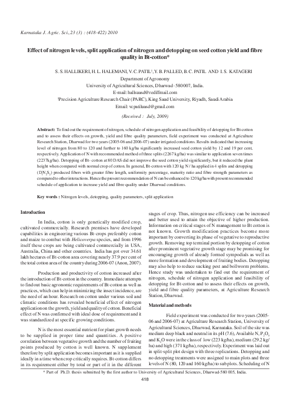 Pdf Effect Of Nitrogen Levels Split Application Of Nitrogen And Detopping On Seed Cotton
