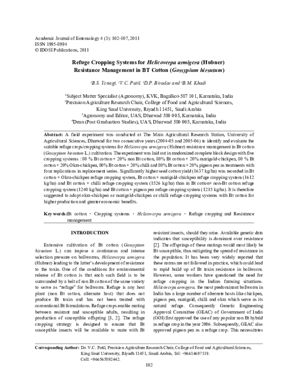 (PDF) Refuge cropping systems for Helicoverpa armigera (Hubner) resistance management in BT ...
