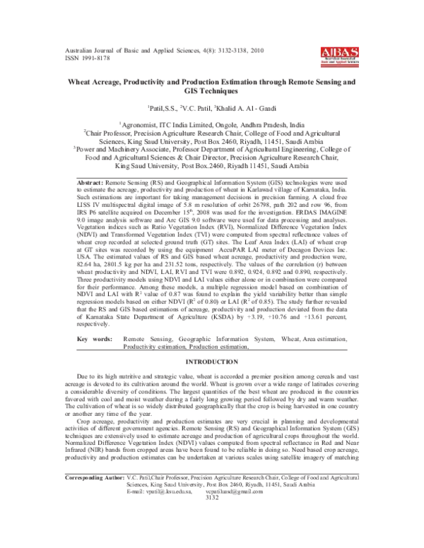 (PDF) Wheat Acreage, Productivity and Production Estimation Through Remote Sensing and Gis ...