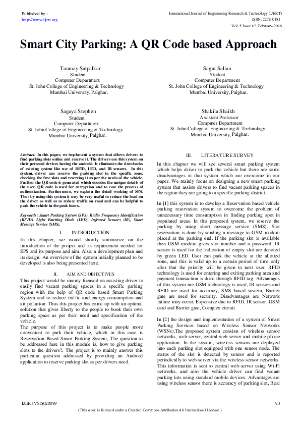(PDF) Smart City Parking: A QR Code based Approach