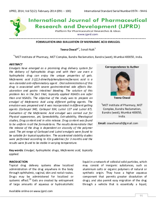 Pdf Formulation And Evaluation Of Mefenamic Acid Emulgel