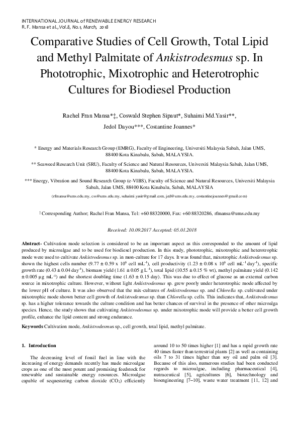 (PDF) Comparative Studies of Cell Growth, Total Lipid and Methyl Palmitate of Ankistrodesmus sp ...