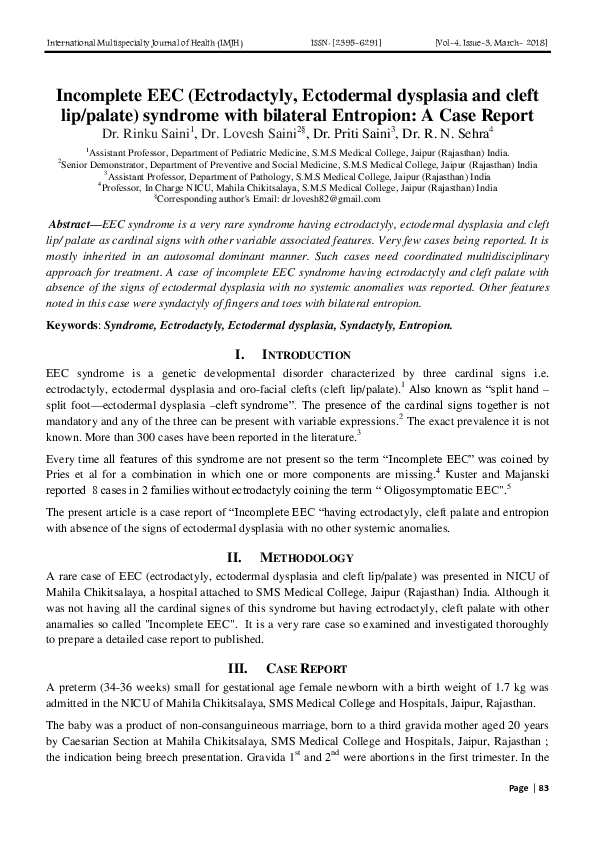 Pdf Incomplete Eec Ectrodactyly Ectodermal Dysplasia And Cleft Lip Palate Syndrome With