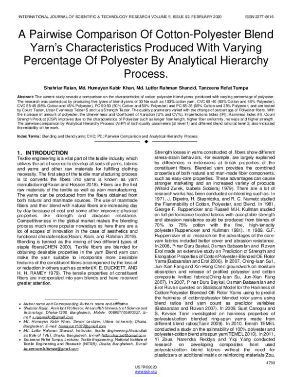 (PDF) A Pairwise Comparison Of Cotton-Polyester Blend Yarn’s ...