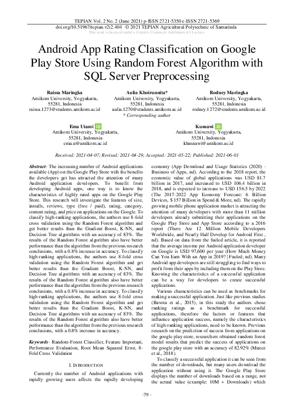 (PDF) Android App Rating Classification on Google Play Store Using Random Forest Algorithm with ...