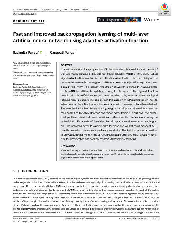 (PDF) Fast and improved backpropagation learning of multi‐layer artificial neural network using ...