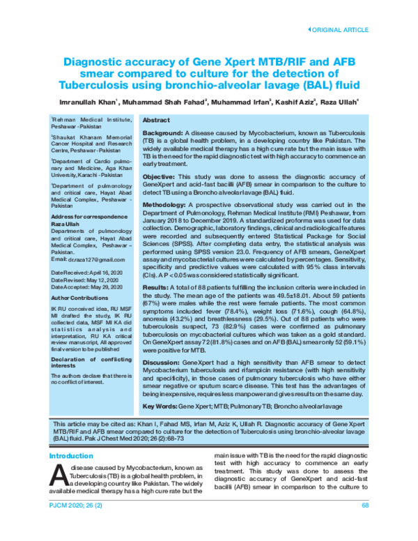 (PDF) Diagnostic accuracy of Gene Xpert MTB/RIF and AFB Smear Compared ...