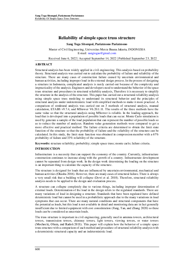 (PDF) Reliability of simple space truss structure
