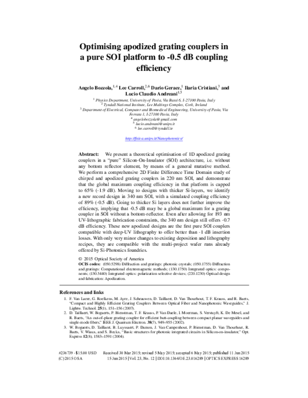 (PDF) Optimising apodized grating couplers in a pure SOI platform to − ...