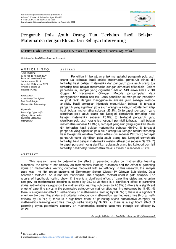 (PDF) Pengaruh Pola Asuh Orang Tua Terhdap Hasil Belajar Matematika dengan Efikasi Diri Sebagai ...
