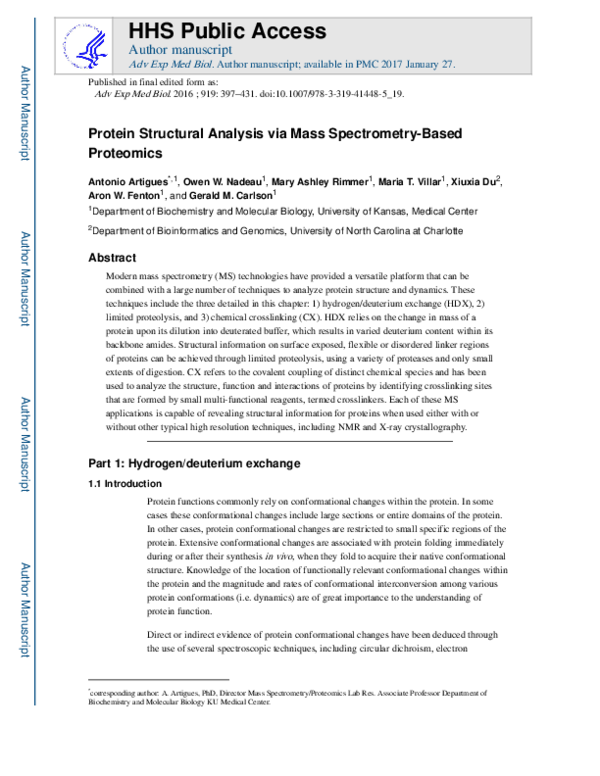 (PDF) Protein Structural Analysis via Mass Spectrometry-Based Proteomics