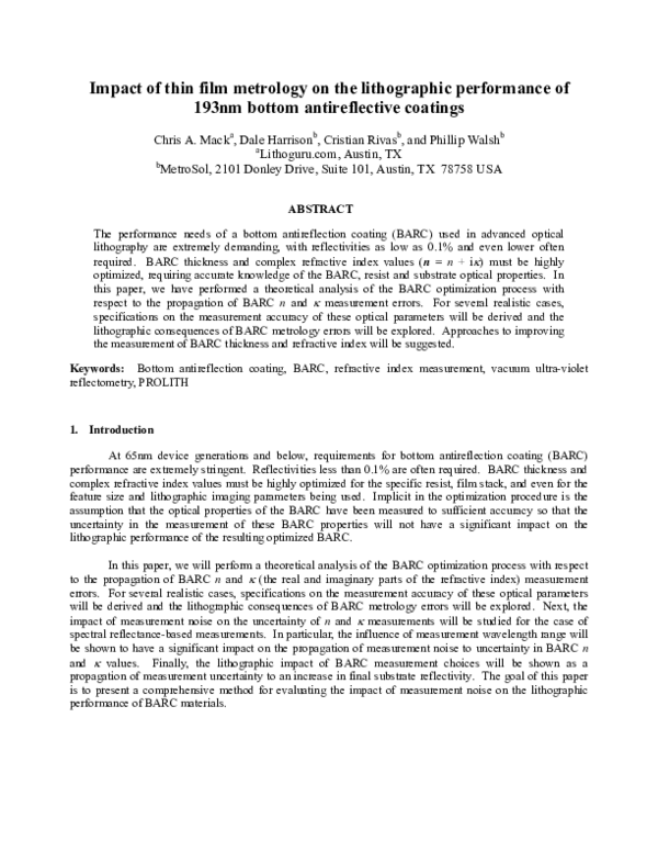 (PDF) Impact of thin film metrology on the lithographic performance of ...