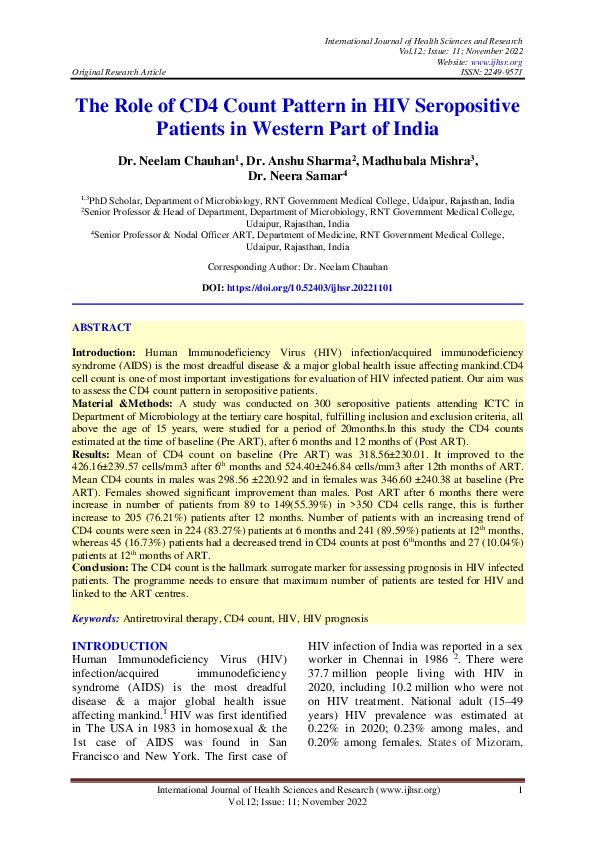 (PDF) The Role of CD4 Count Pattern in HIV Seropositive Patients in ... (PDF) The Role of CD4 Count Pattern in HIV Seropositive Patients in ...