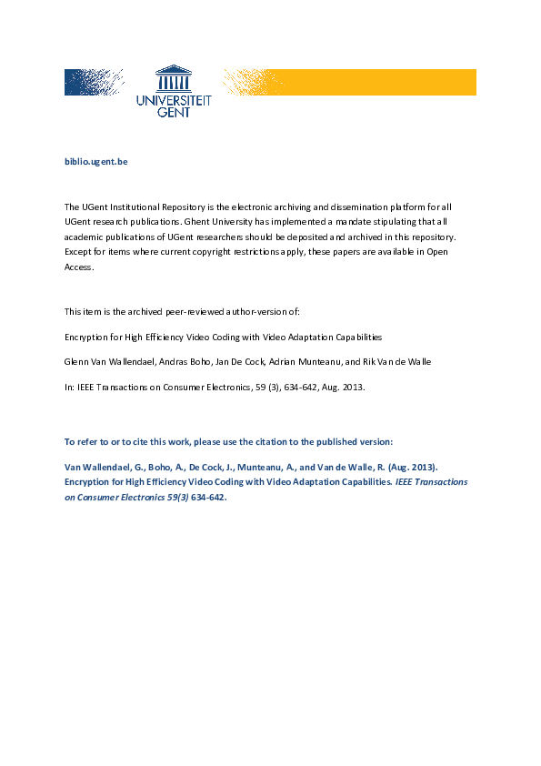 (PDF) Encryption for high efficiency video coding with video adaptation capabilities