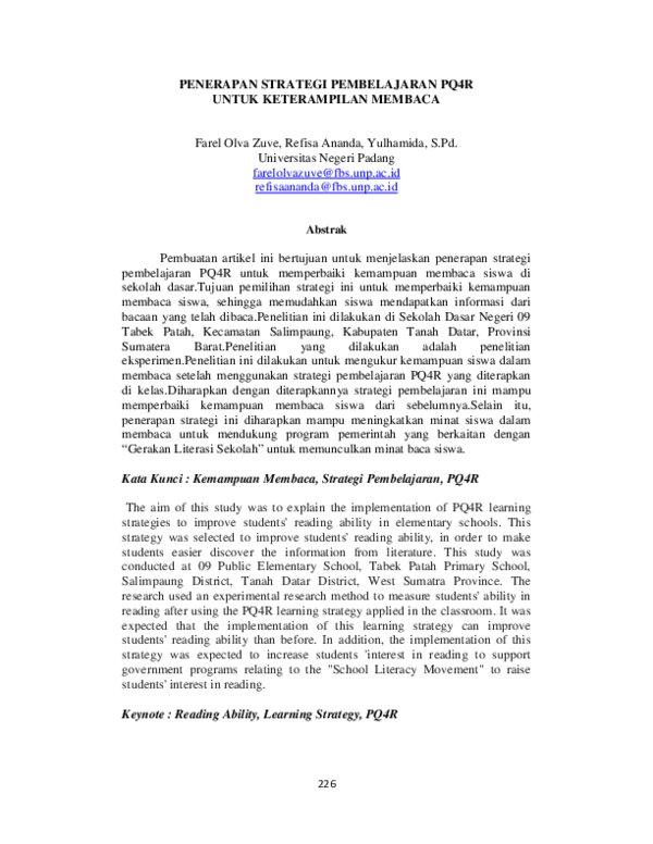 (PDF) Penerapan Strategi Pembelajaran PQ4R Untuk Keterampilan Membaca