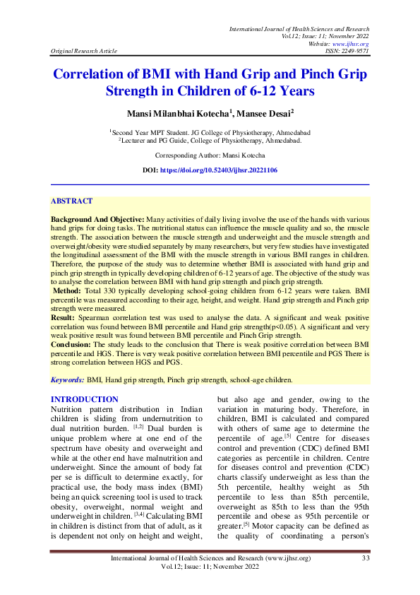 (PDF) Correlation of BMI with Hand Grip and Pinch Grip Strength in ...