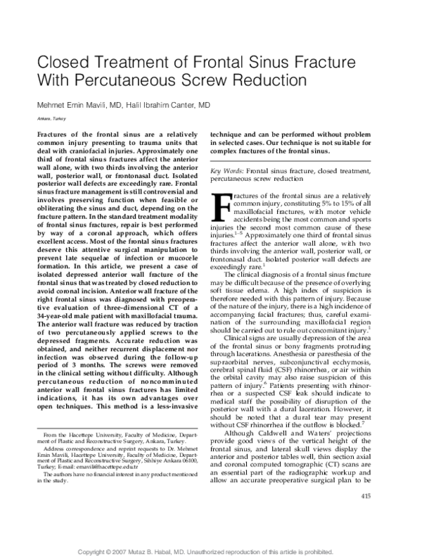 (PDF) Closed Treatment of Frontal Sinus Fracture With Percutaneous ...