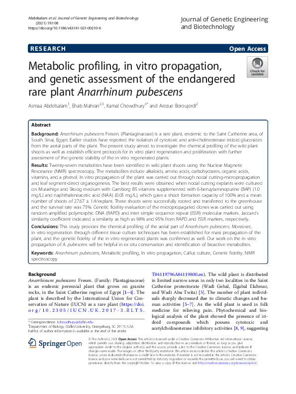 (PDF) Metabolic profiling, in vitro propagation, and genetic assessment of the endangered rare ...