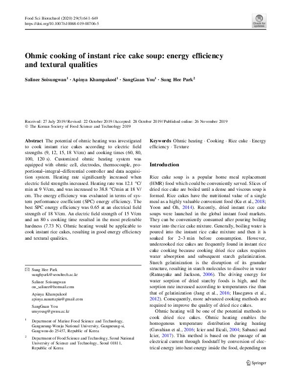 (PDF) Ohmic cooking of instant rice cake soup: energy efficiency and ...