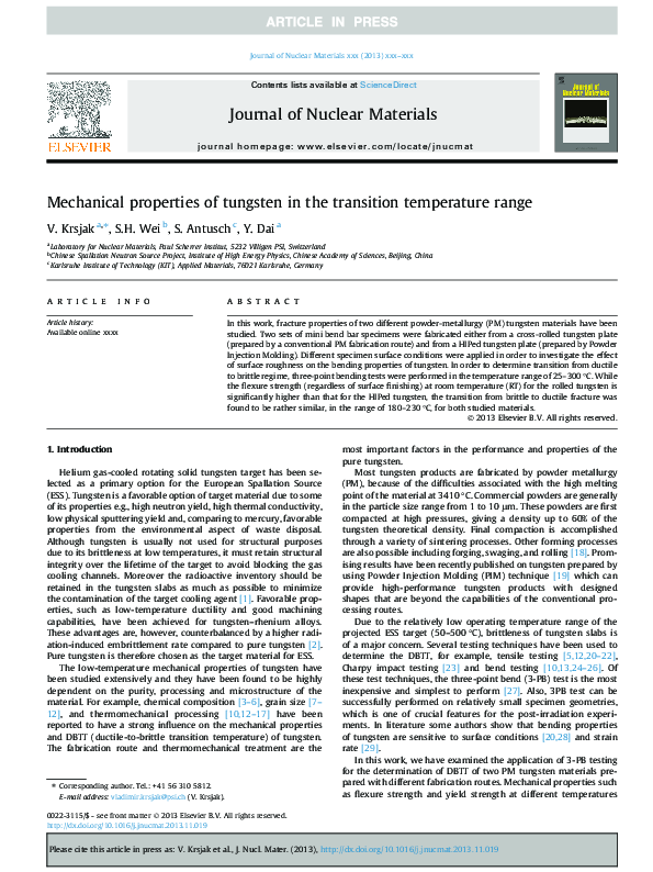 (PDF) Mechanical properties of tungsten in the transition temperature range