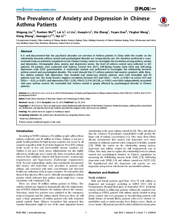 (PDF) The Prevalence of Anxiety and Depression in Chinese Asthma Patients