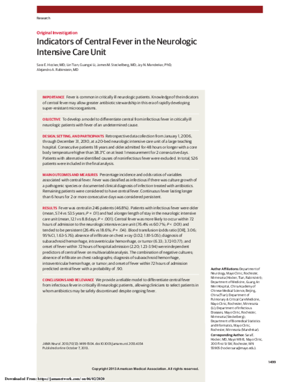 (PDF) Indicators of Central Fever in the Neurologic Intensive Care Unit