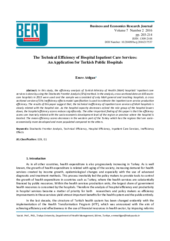 (PDF) The Technical Efficiency of Hospital Inpatient Care Services: An ...