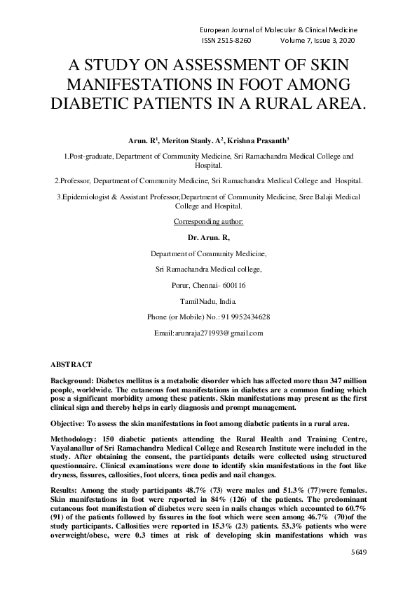 (PDF) A Study on Assessment of Skin Manifestations in Foot Among ...