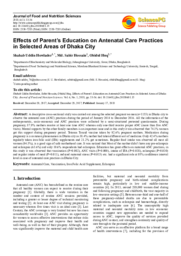 (PDF) Effects of Parent’s Education on Antenatal Care Practices in Selected Areas of Dhaka City