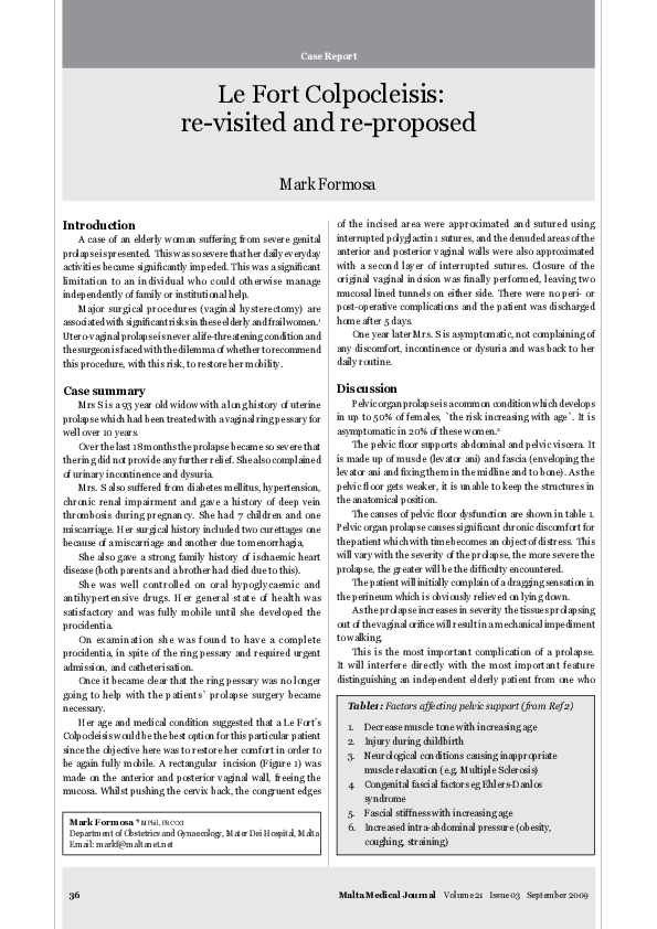 (PDF) Mark Formosa Case Report Le Fort Colpocleisis: re-visited and re ...
