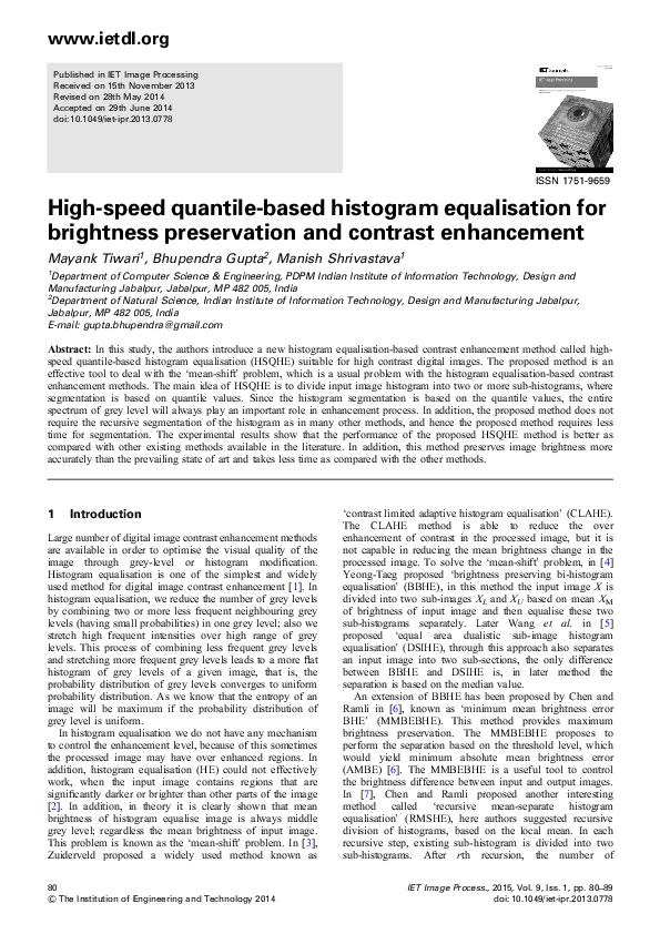 Pdf High‐speed Quantile‐based Histogram Equalisation For Brightness Preservation And Contrast