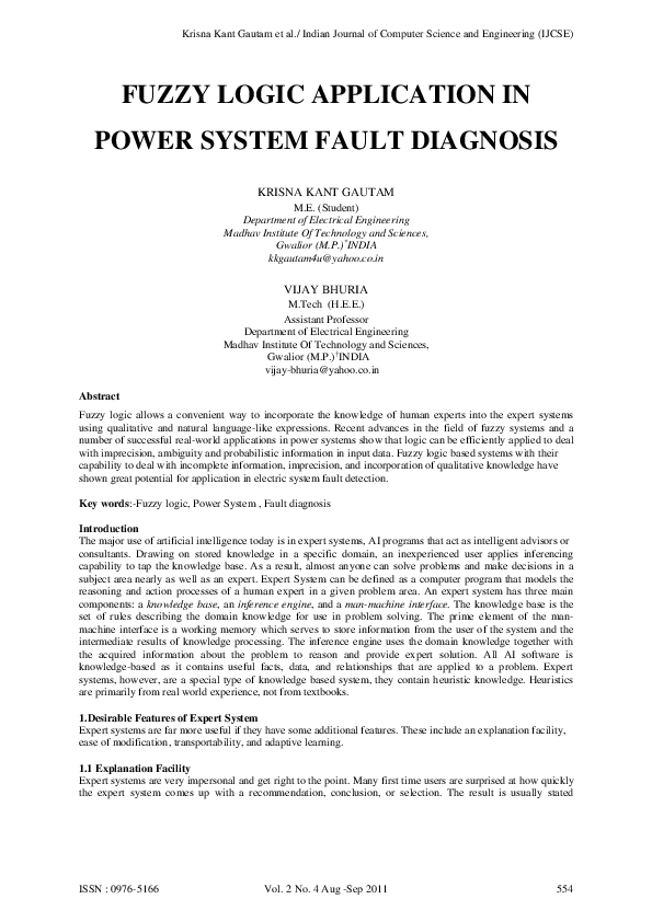 Pdf Fuzzy Logic Application In Power System Fault Diagnosis