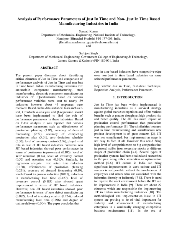 (PDF) Analysis of Performance Parameters of Just In Time and Non-Just ...