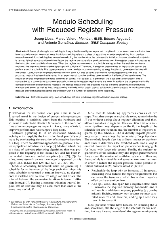 (PDF) Modulo scheduling with reduced register pressure | Mateo Valero - Academia.edu