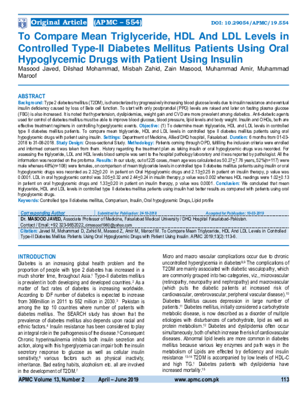 (PDF) To Compare Mean Triglyceride, HDL And LDL Levels in Controlled ...