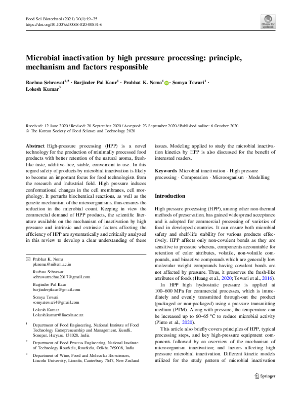 (PDF) Microbial inactivation by high pressure processing: principle ...