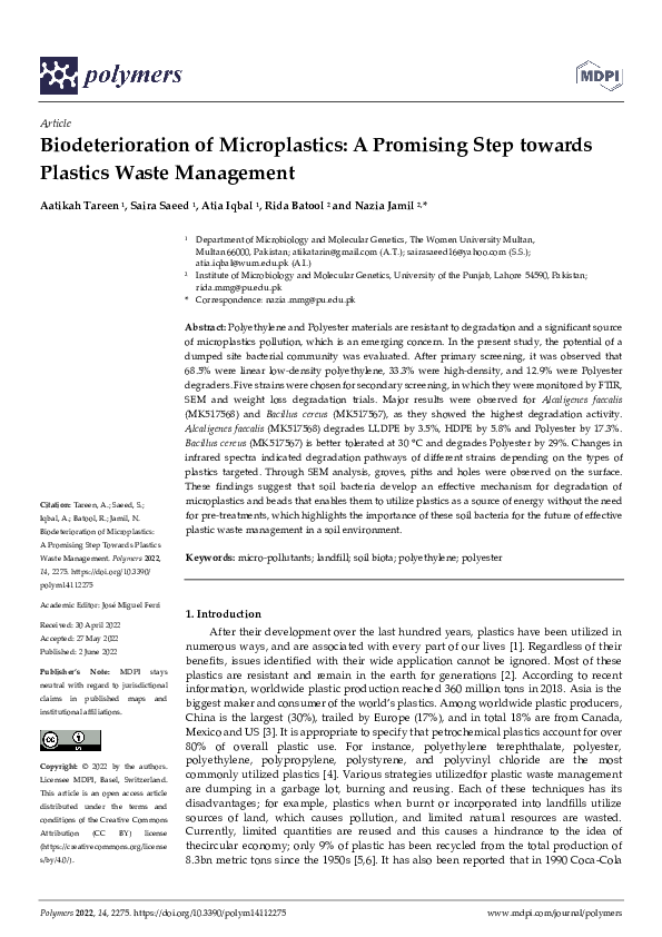 (PDF) Biodeterioration of Microplastics: A promising step towards Plastics Waste Management