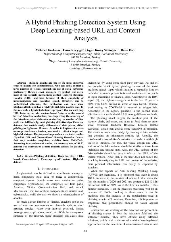 Pdf A Hybrid Phishing Detection System Using Deep Learning Based Url And Content Analysis
