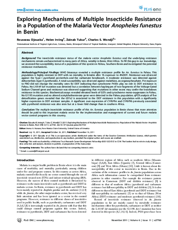 (PDF) Exploring Mechanisms of Multiple Insecticide Resistance in a Population of the Malaria ...
