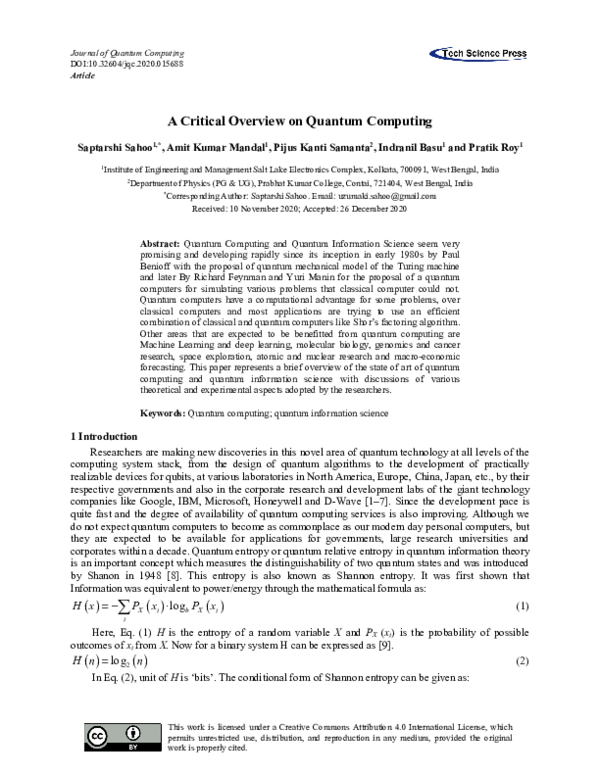 (PDF) A critical overview on Quantum Computing
