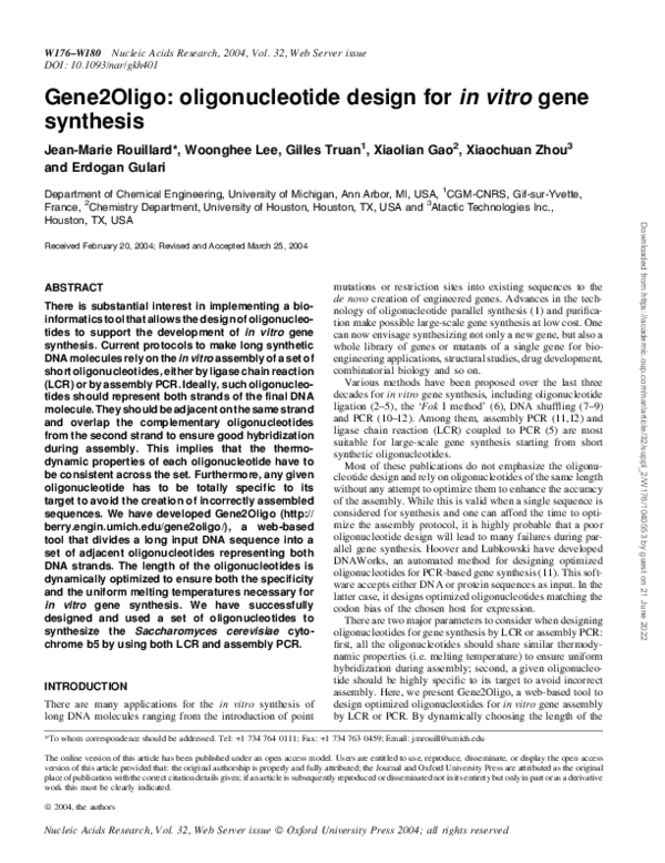 (PDF) Gene2Oligo: oligonucleotide design for in vitro gene synthesis