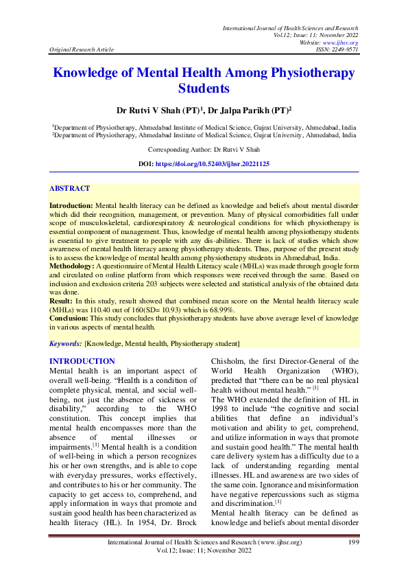 (PDF) Knowledge of Mental Health Among Physiotherapy Students