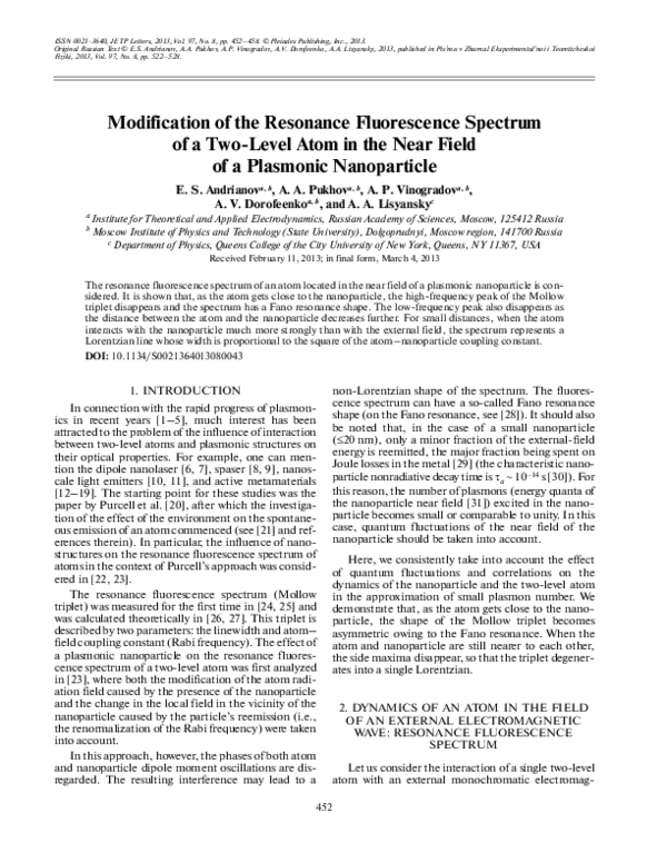 (PDF) Modification of the resonance fluorescence spectrum of a two ...